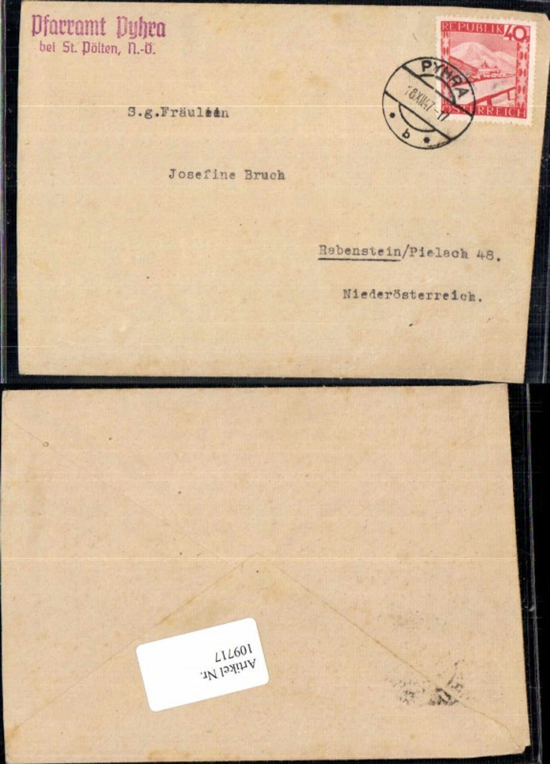 109717,Beleg Pfarramt Pyhra bei St Pölten 1947 n. Rabenstein a.d. Piel ...